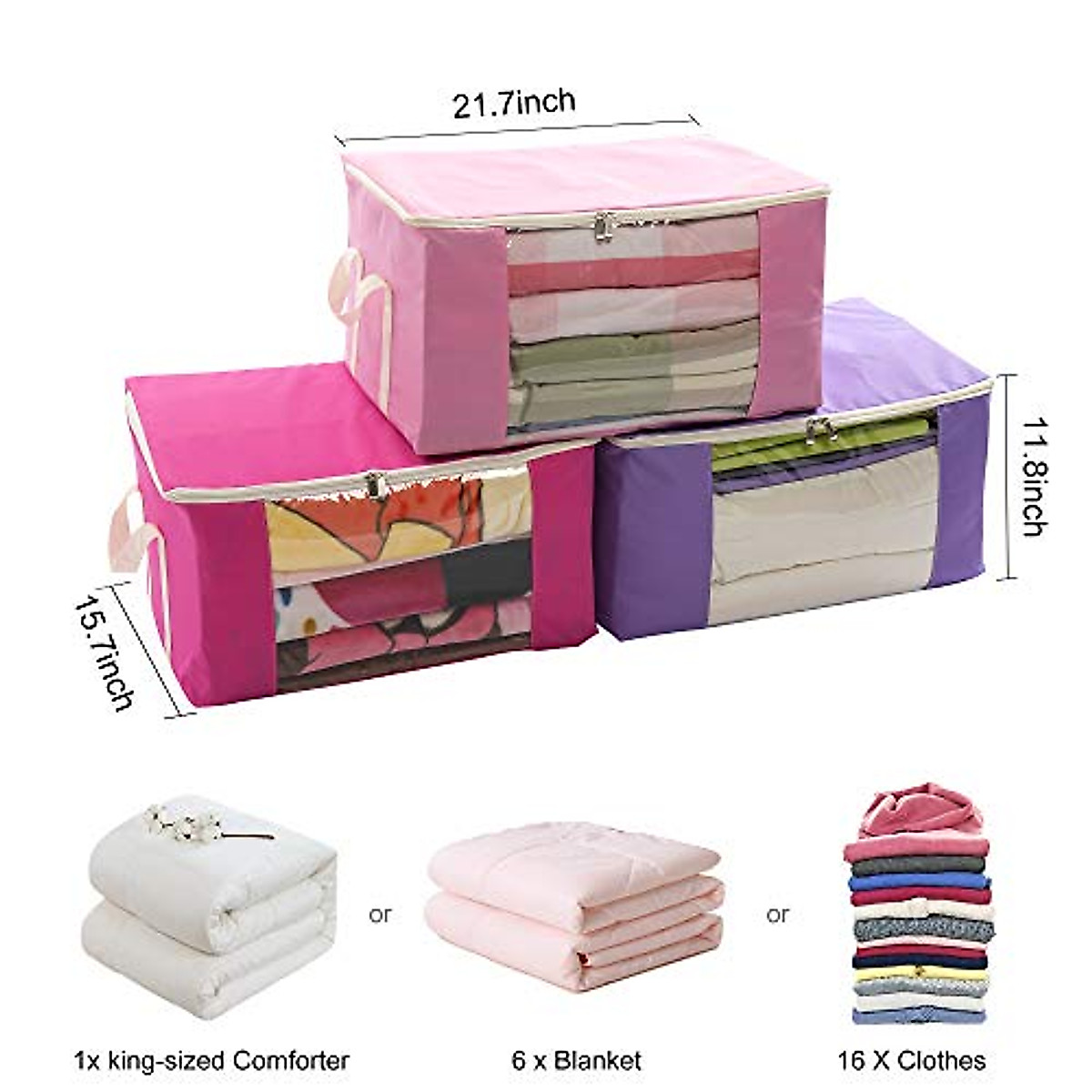 YueYue 2pack large capacity organizer storage bag,sturdy zipper Storage containers bags with reinforced handle, storage bag clothes blankets comforters clear window