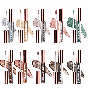 10 Colors Dazzling Glitter Liquid Eyeshadow Metallic Shiny Shimmer Long Lasting Waterproof Highly Pigmented Glow Eye Shadow Kit Sparkle Diamond Pearlescent Eye Makeup Cosmetic