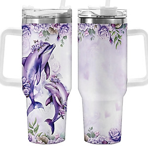 FOCIUZTA 40oz Tumbler with Lid, Insulated Cup, Travel Coffee Mug, Perfect Gift for Easter, Father’s Day, Mother’s Day, Birthdays, Elegant Purple Dolphin and Rose Design
