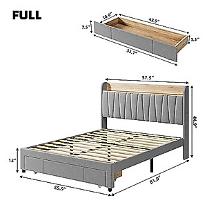 GAOMON Full Size Bed Frame with Storage Drawer, Upholstered Platform Bed Frame with Storage Headboard and Charging Station, Mattress Foundation with Solid Wooden Slats Support, No Box Spring Needed, Light Grey