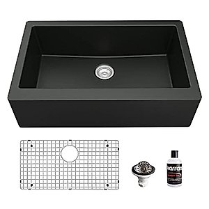 Karran QA-740 Farmhouse/Apron-Front Quartz Composite 34 in. Single Bowl Kitchen Sink Kit in Black