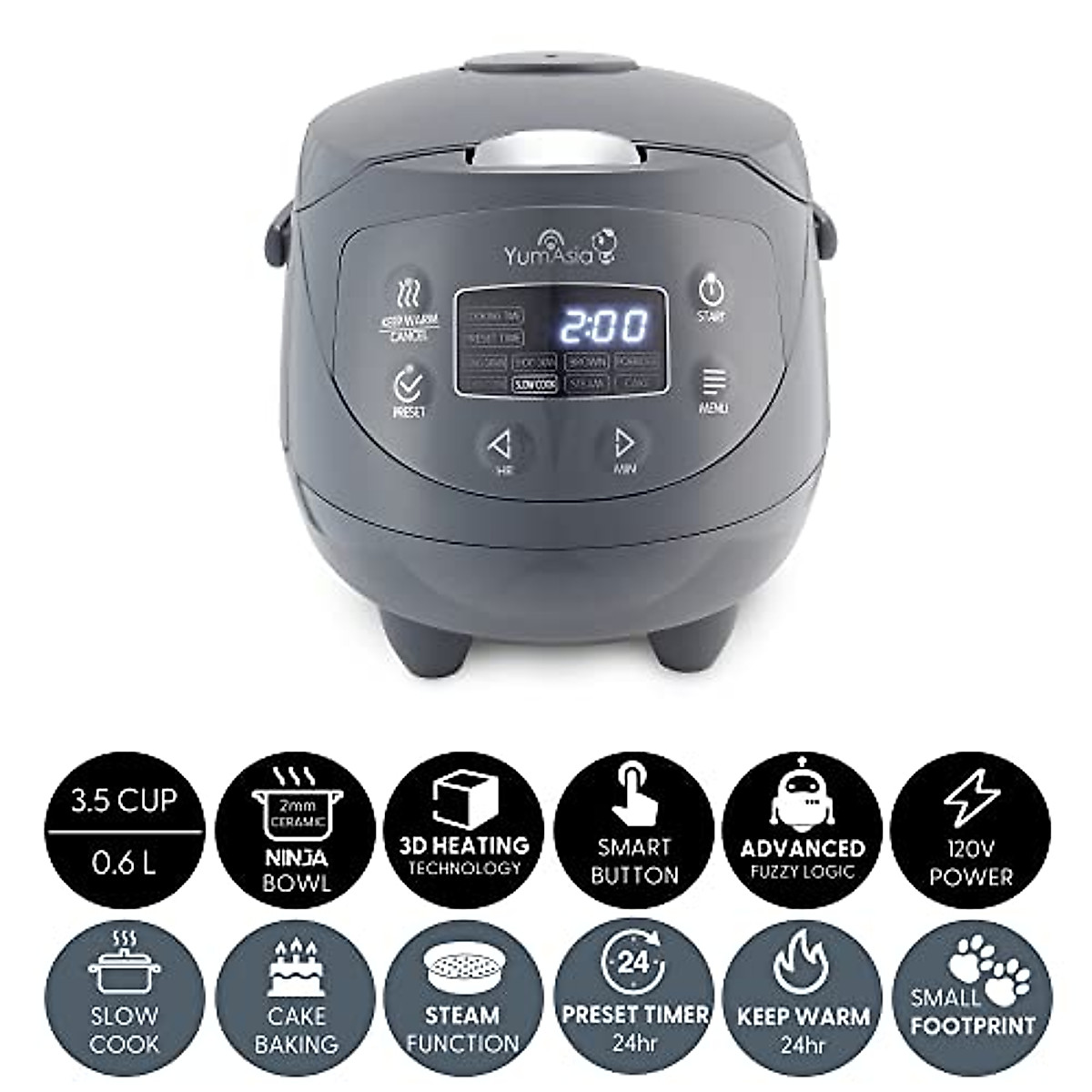 Yum Asia Panda Mini Rice Cooker With Ninja Ceramic Bowl and Advanced Fuzzy Logic (3.5 cup, 0.63 litre) 4 Rice Cooking Functions, 4 Multicooker functions, Digital LED display - 120V