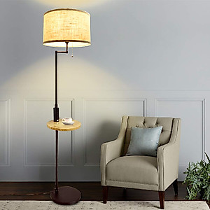 DLLT Living Room LED Floor Lamp- Standing Accent Light with USB Charging Port, Energy Saving, Tall Pole Lighting with Beside Table, Mid Century Contemporary Rooms Lamps, E26 Warm Lights,Fabric Shade