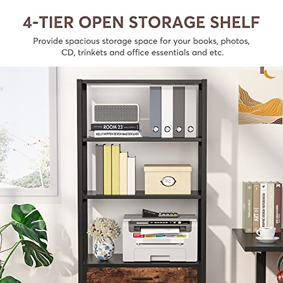 Tribesigns Bookcase Bookshelf, 4-Tier Modern File Cabinet with 2 Drawers, Lateral Filing Cabinet accommodate Legal/Letter / A4 Size for Home Office Organizer