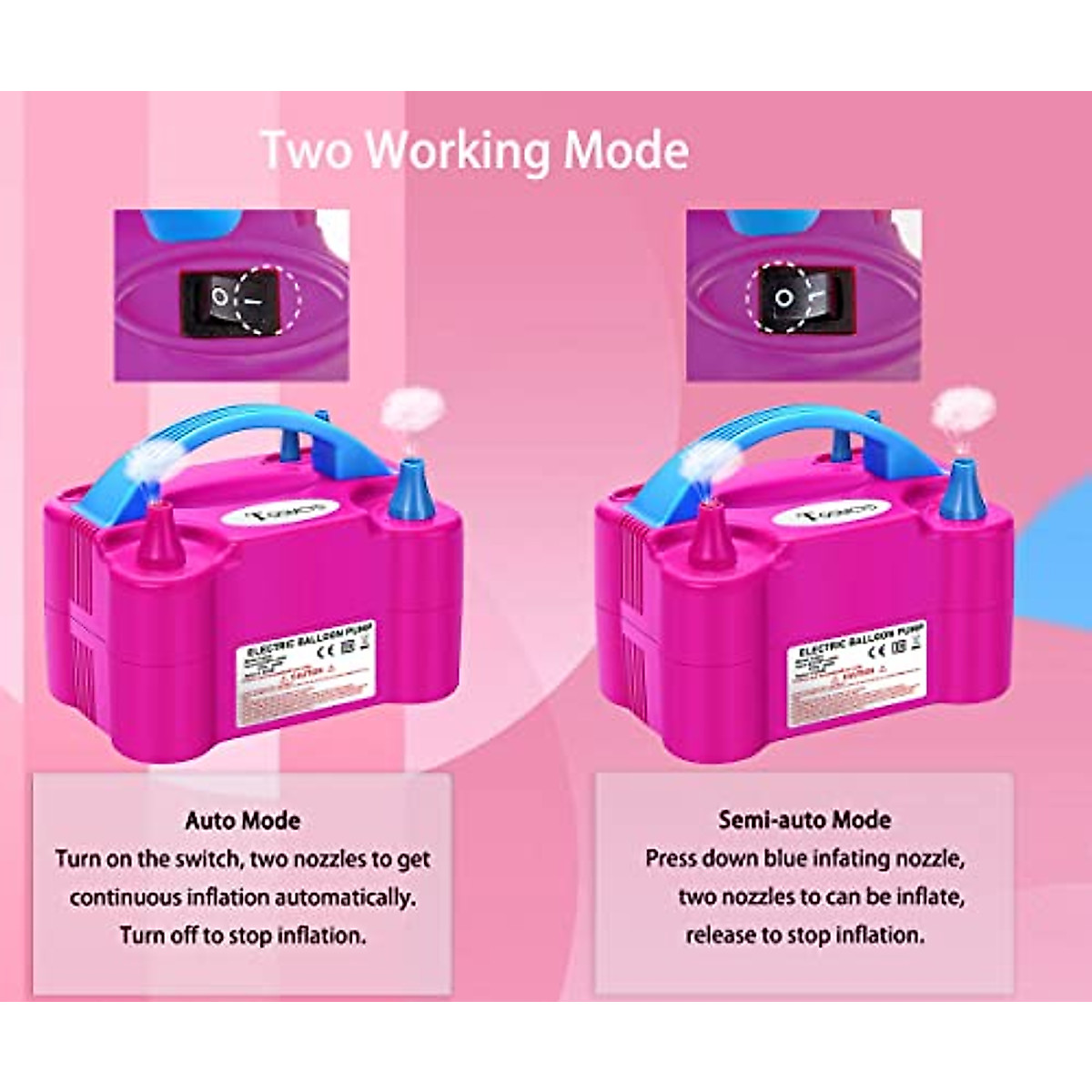 TOOMCYD Electric Balloon Pump Portable Dual Nozzle Balloon Inflator Blower for Party Decoration with Tying Tool,Inflating Faster Save Time Rose Pink