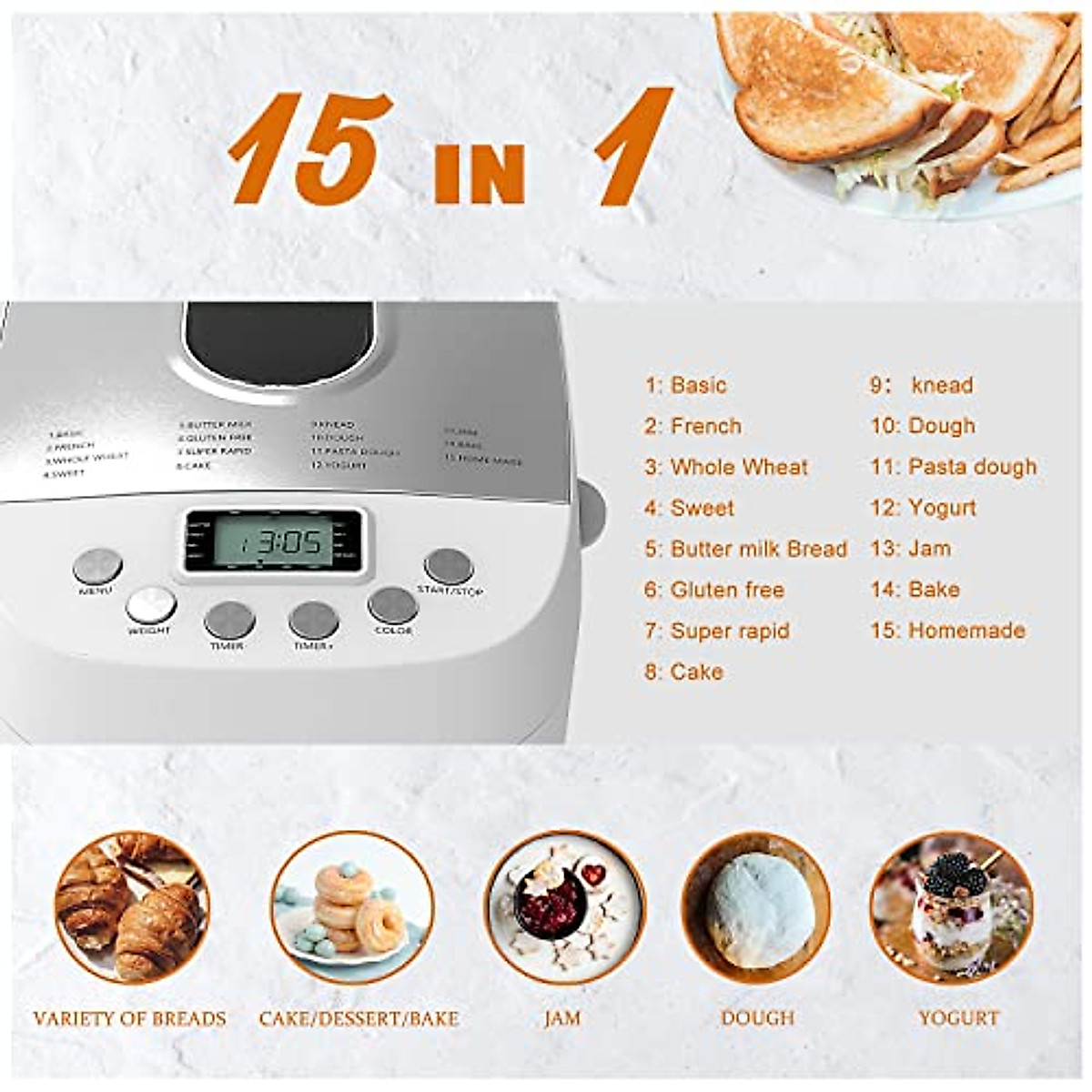 Davivy Bread Maker Machine 3LB with 2 Dough Kneading Paddle Dough Maker,15-in-1 Automatic Bread Machine Maker with Nonstick Bowl For Bread, Jam& Yogurt, 3 Loaf Sizes and 3 crust settings,15-H Delay Timer（850W,Silver,3.3LB）