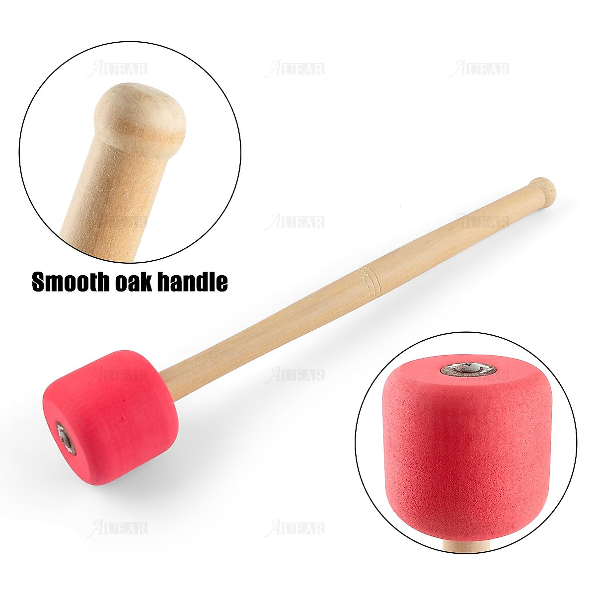 AUEAR, 2 Pack Bass Drum Mallets Sticks Red Foam Mallet with Wood Handle for Percussion