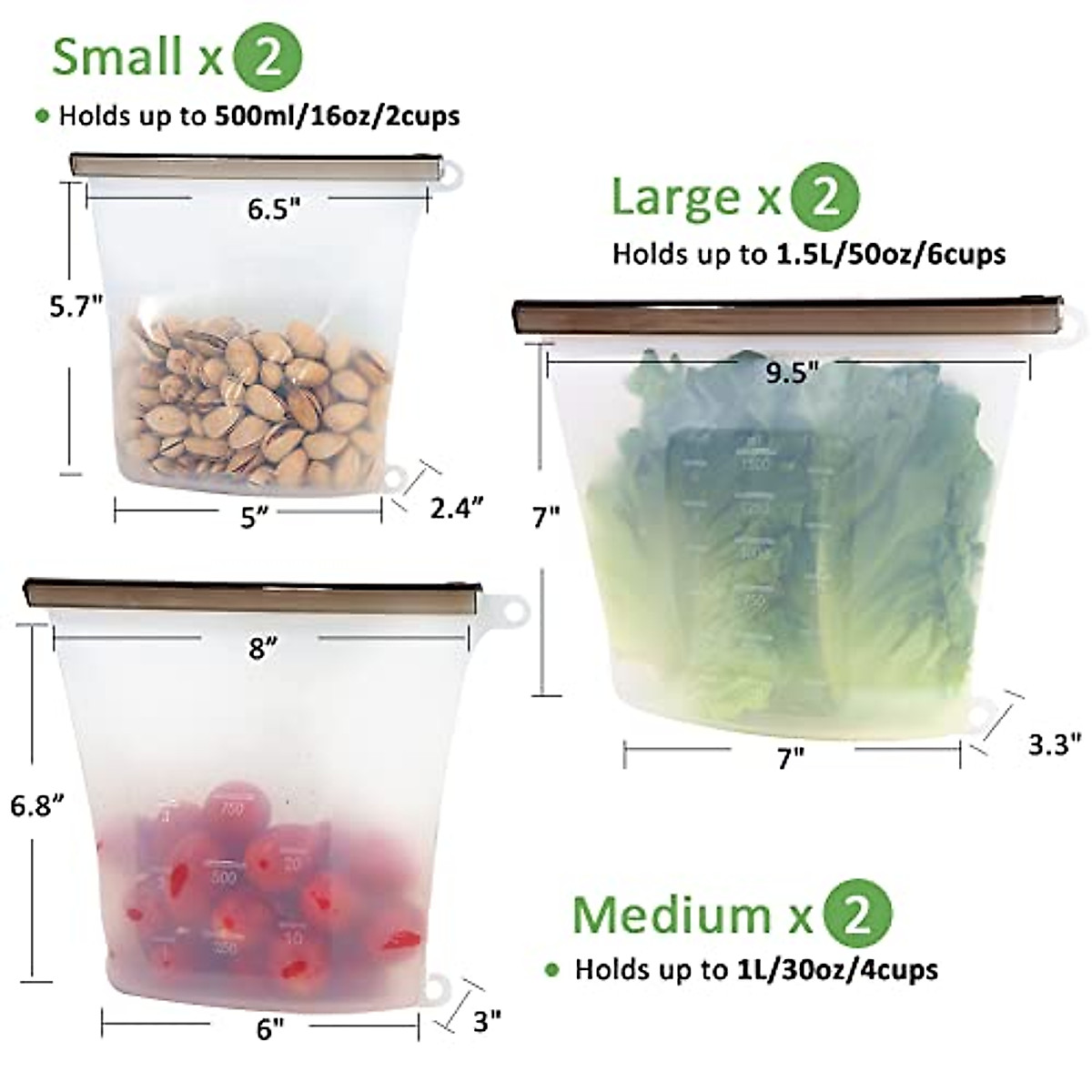Tinsirone Reusable Food Storage Bags, 6 Pack Silicone Food Storage Bags,Leakproof Silicone Bags for Food Storage, Durable, Dishwasher Safe