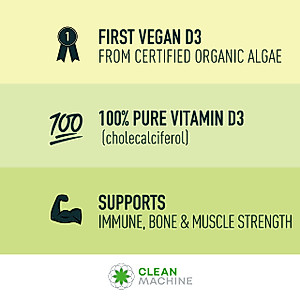 CLEAN MACHINE Certified Vegan Plant Based Vitamin D3 4000 IU per pill - Natural D3 Supplement for Optimal Health - Certified Organic - 30 vegan capsules