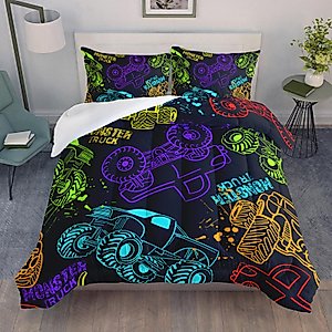 QOOMO Truck Comforter Set for Kids Teens Boys,Neon Truck Kids Comforter,1 Comforter with 2 Pillowcase, Microfiber 3 Piece Bedding Set,Soft and Lightweight(Black，Twin Size)