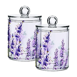 ALAZA Purple Qtip Holder Dispenser 2 Pack Containers for Cotton and Qtips Lavender Cotton Swab Cotton Ball Round Pads Clear Plastic Acrylic Jar Set Bathroom Canister