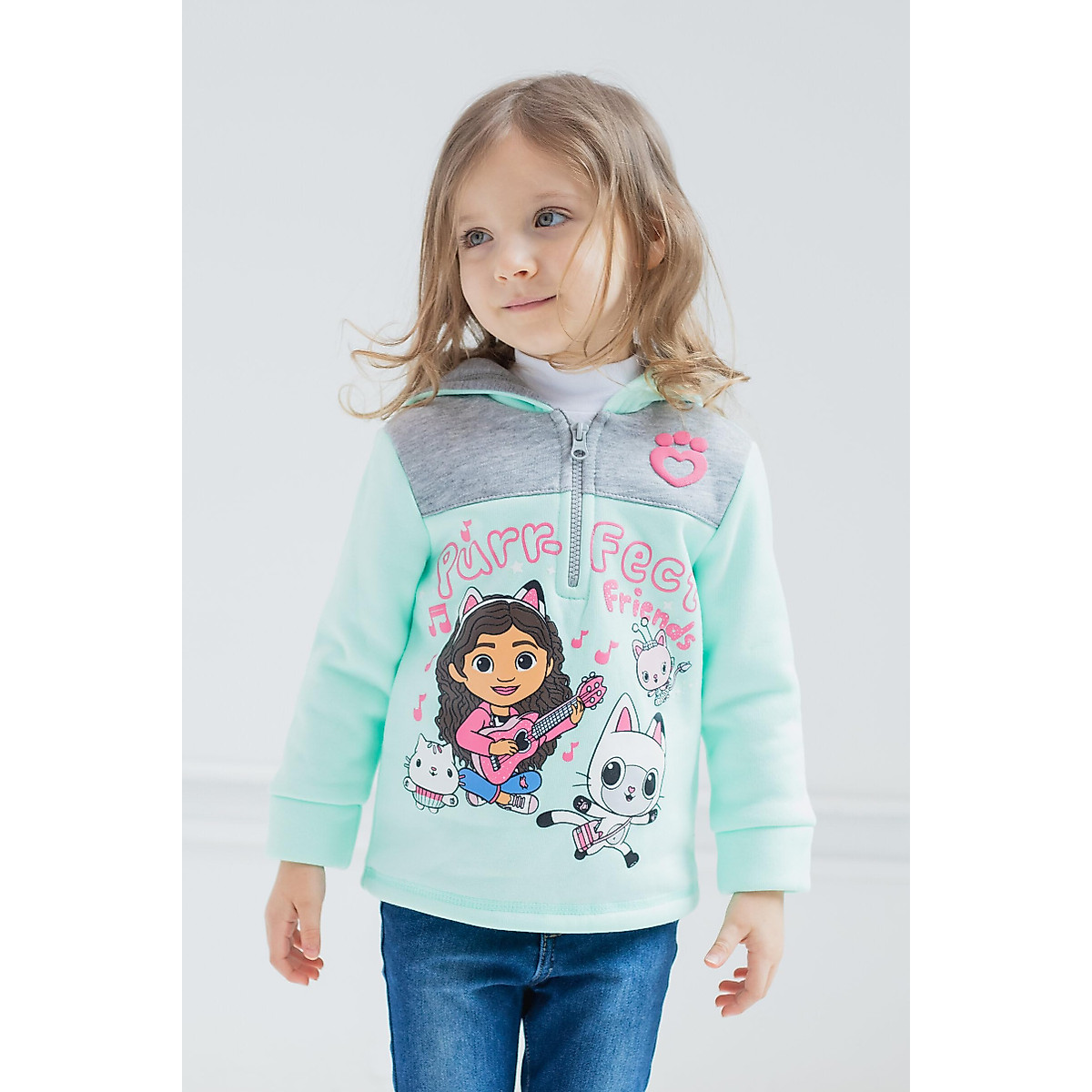 DREAMWORKS GABBY'S DOLLHOUSE Kitty Fairy Cakey Cat Gabby Pandy Paws Little Girls Fleece Half Zip Hoodie Green 6-6X