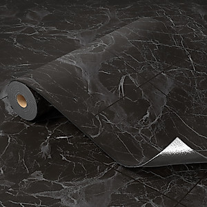 Oxdigi Vinyl Floor Tiles Peel and Stick 23"x 393"/64 Sq.Ft, Thicken Self Adhesive Vinyl Flooring Roll Marble Pattern Waterproof DIY Floor Coverings for Bathroom Living Room Kitchen, Black Marble