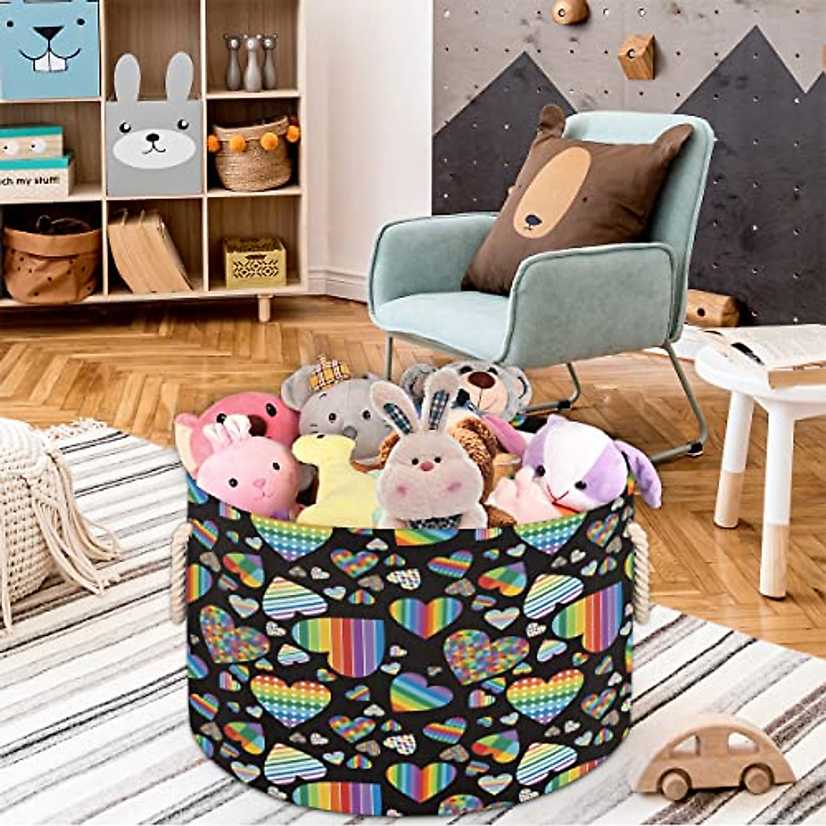 Rainbow Hearts Lgbt Pridge Large Round Baskets for Storage Laundry Baskets with Handles Blanket Storage Basket for Bathroom Shelves Bins for Organizing Nursery Hamper Girl Boy