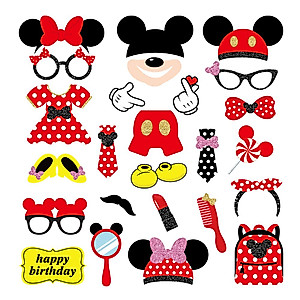 25PCS Mini Photo Booth Props with Stick, Cartoon Mouse Themed Party Selfie Props, Mouse Birthday Party Supplies, Mini Mouse Backdrop Decorations for Boy Girl Kids First 1st Bday Baby Shower