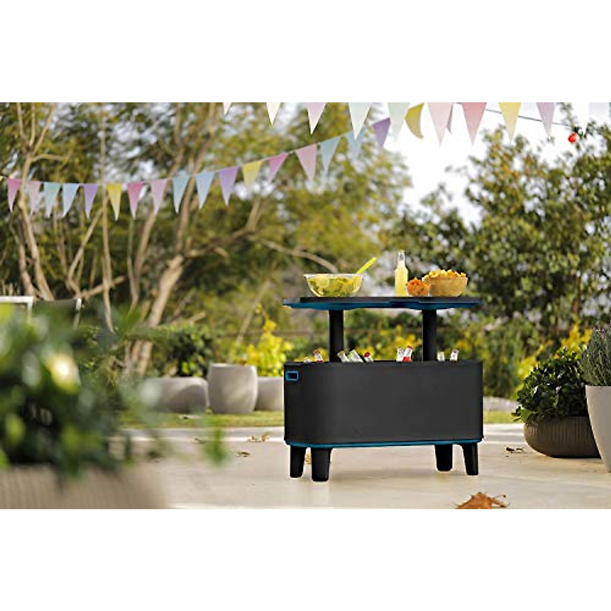 KETER Breeze Bar Outdoor Patio Furniture and Hot Tub Side Table with 14.8 Gallon Beer and Wine Cooler, Dark Grey & Teal