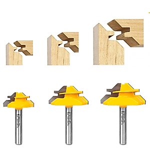 MNA 45 Degree Lock Miter Router Bit 3-Piece Set, for 1/2”, 5/8”, 3/4” Cutting Height, 1/4 Inch Shank. Easy to Create Lock Miter Joint