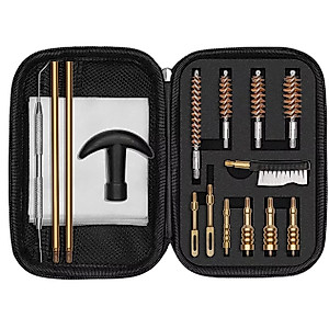 MaximalPower Mini Gun Cleaning Kit for .40 .45 .22 .38 9mm Caliber - Bore Brush and Brass Jags Adapter for Rifle Pistol - Includes Portable Travel Case - 16 Piece Set
