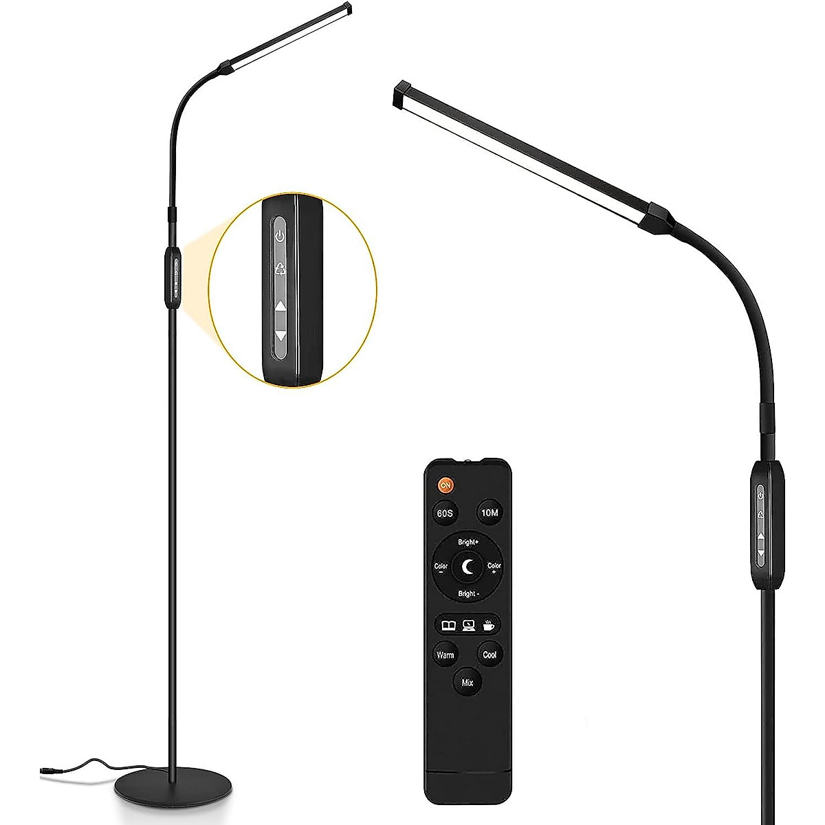 Dragon-Hub Bright Led Floor Lamp with Remote, Floor Light Touch, 3 Colors 5 Brightness 10 Mins Timer, Eyelash Lamp for Eyelash Extensions Lash Light Reading Lamp (Black - R)