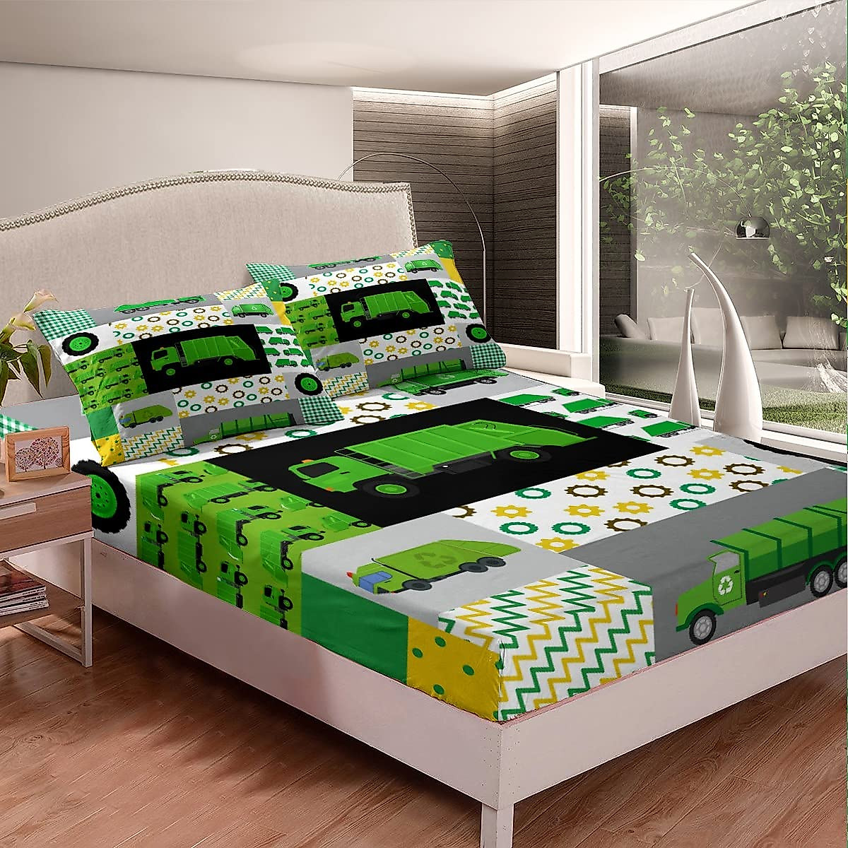 Feelyou Green Garbage Truck Sheets with Deep Pocket Fitted Sheet Powered Waste Management Recycling Trucks Sheet Set Cartoon Garbage Truck Bed Sheets Set for Kids Boys Girls Car Bedding Set Twin Size