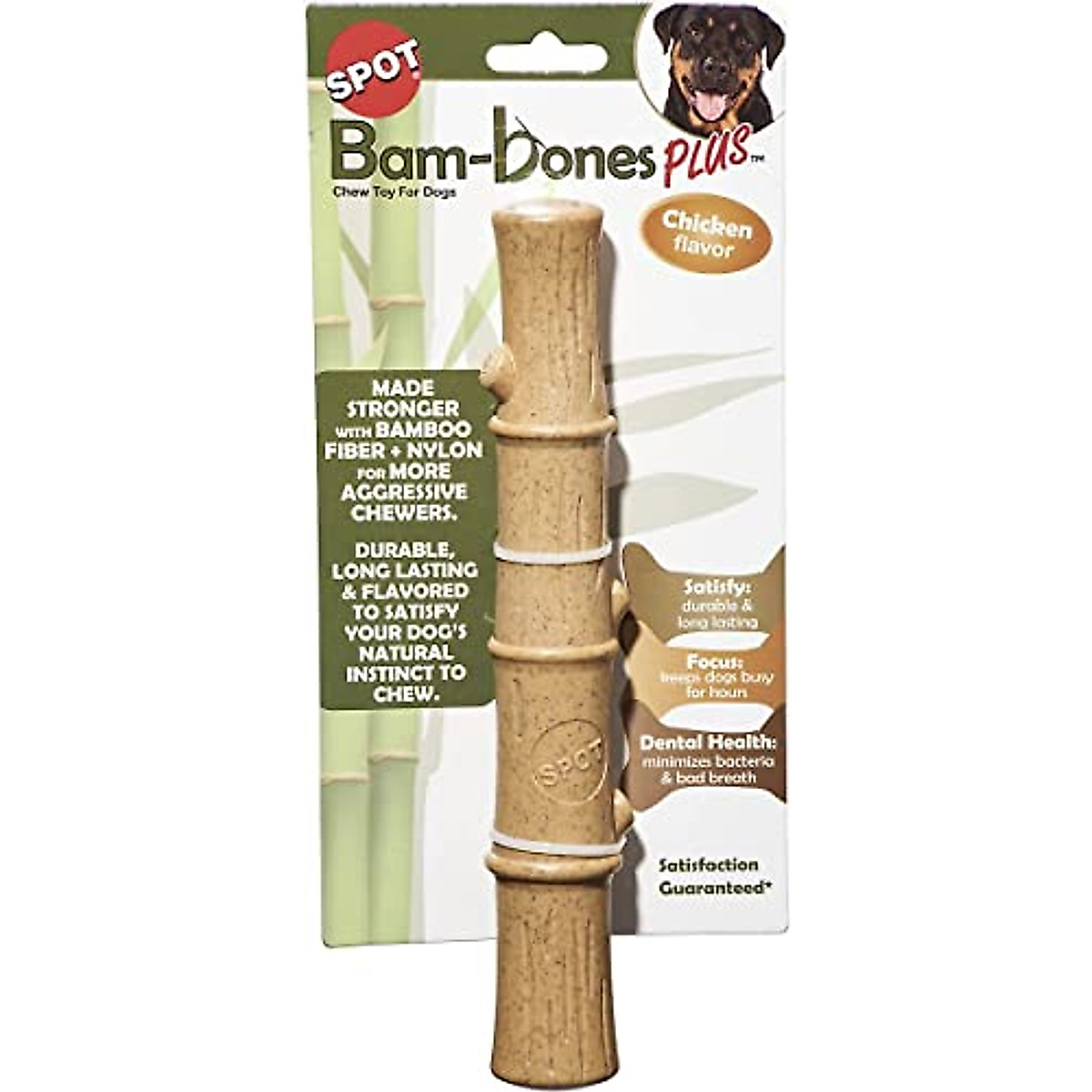 SPOT Bam-Bones Plus Bamboo Stick - Bamboo Fiber & Nylon, Durable Long Lasting Dog Chew for Aggressive Chewers – Great Toy for Adult Dogs & Puppies Under 90lbs, Non-Splintering, 9.5in, Chicken Flavor