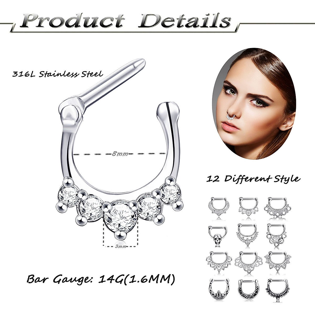 FINREZIO 12 PCS 14G Stainless Steel Nose Rings Hoop Cartilage Earrings Septum Clicker Bull Rings CZ Body Piercing Jewelry (Gauge: 14G=1.6MM)
