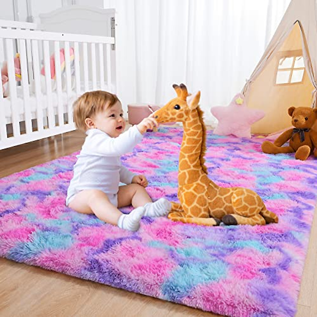 HOMORE Soft Fluffy Rug for Bedroom, Tie Dye Rugs for Living Room, Non Slip Shaggy Plush Carpet for Kids Nursery Toddler, 4x6 Feet Area Rugs for Room Floor, Hot Pink