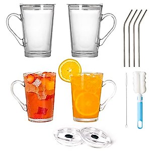 Glass Coffee Mugs Tea Cups - 14 Oz Clear Glass Mug with Lid and Straw Set Of 4 Dishwasher Safe Glass Coffee Cups - Elegant Lovely Gifts for Anniversary Weddings Housewarming Christmas Birthday