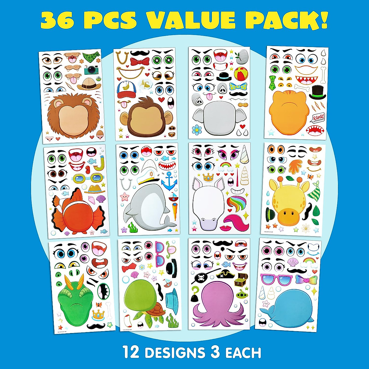 JOYIN 36 PCS 9"x6" Make a face Stickers for Kids, Make Your Own Animal Mix and Match Sticker Sheets with Safaris, Sea and Fantasy Animals Kids Crafts Party Favors Goodie Bags Stuffers for Kids