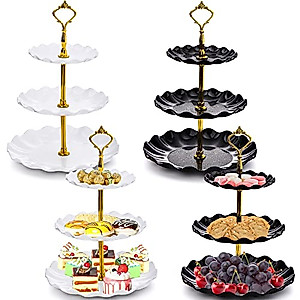DEAYOU 4 Pack 3-Tier Cupcake Dessert Stand, Plastic Tiered Cake Stand Display Tower, Pastry Serving Tray Platter Rack Holder for Buffet, Cookie, Party, Wedding, Home Decor, White Gold, Black Gold