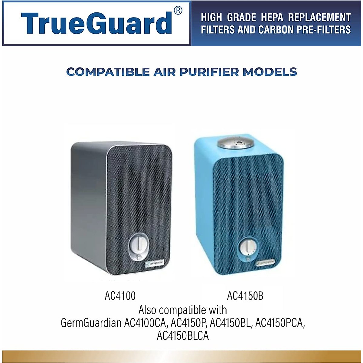 TrueGuard Air Purifier Replacement HEPA Filters FLT4100 Filter E | 2 Pack with 6 Pre-cut Activated Carbon Prefilters | Compatible with GermGuardian Models AC4100 Series, AC4150 Series & More.