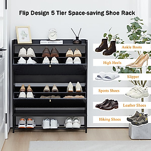 RARZOE Fluted Shoe Cabinet with 2 Flip Drawers, Modern Slim Shoe Storage Organizer, Narrow Entryway Shoe Rack, Tipping Shoe Cabinet with Metal Legs for Heels, Boots, Slippers in Entrance, Black