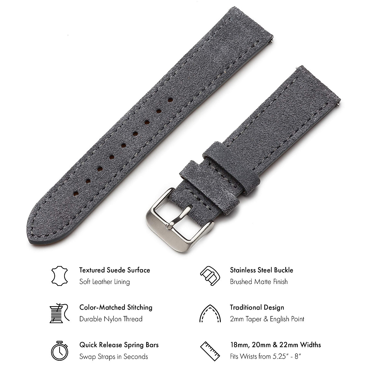 Benchmark Suede 20mm Leather Watch Band – 20mm Quick Release Watch Band with Stainless-Steel Buckle & 9 Adjustable Holes – Grey Leather Watch Bands for Men & Women (20mm, Grey)