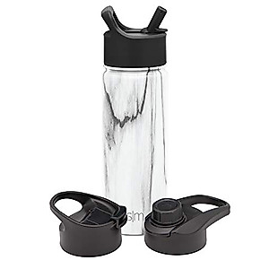 Simple Modern Insulated Water Bottle with 3 Lids - Straw, Flip, Chug - Small Reusable Wide Mouth Stainless Steel Flask Thermos Sport, 18oz (530ml), Pattern: Carrara Marble