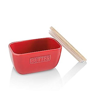 KOOV Porcelain Butter Dish with Lid for Countertop, Airtight Butter Container with Oak Lid, Butter Dishes with Covers, Butter Crock Boat-shaped Series (Red)