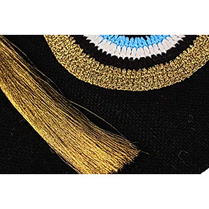 KarensLine Handmade Evil Eye Jute Beach Bags and Totes Eco-Friendly Sustainable Black Gold Eye Tote Bag for Women Zipper Top with Crystals and Tassels Water Resistant with Wipeable Inner Lining, Large