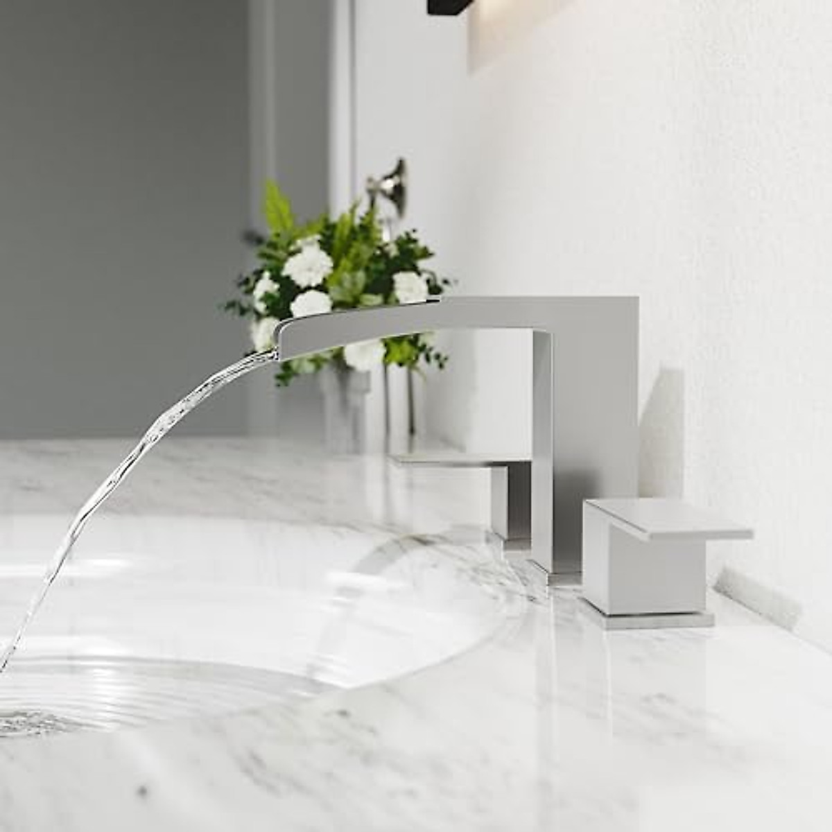 Pheistina 8-Inch Widespread Brushed Nickel 3 Holes 2 Handles Waterfall Bathroom Sink Faucet, with Metal Pop Up Drain Assembly & Cupc Water Supply Lines, NS-WF002-1-BN