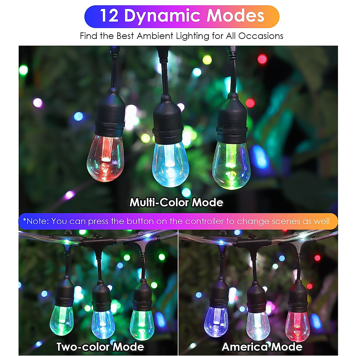 YLXS 48FT RGB String Lights with Rope Fairy, LED RGB Café Patio Lights Outdoor with Remote, Waterproof Shatterproof Edison String Lights for Garden