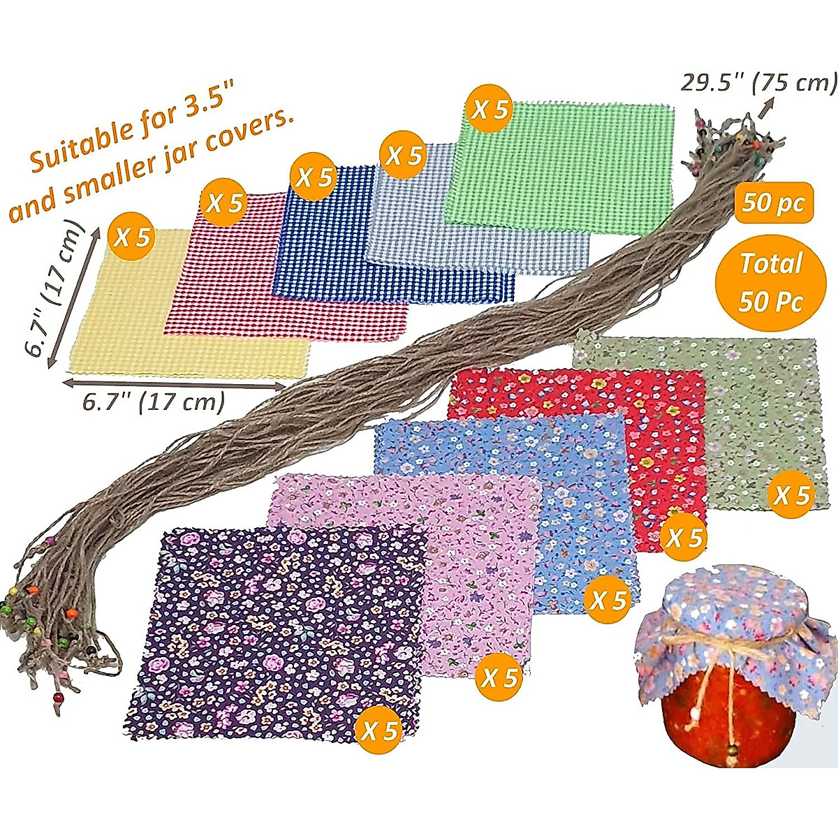 50 Pieces% 100 Cotton Flowered and Checkered Mix Pattern Fabric Jar Cover Cloth- 6.7'' Jar Cover Cloth With 50 Pieces Beaded Jute Rope