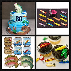 Mini Trout Fishing Pack- 12 pcs Edible Icing Cake Decoration Topper by BakersDozenToGo (Choose Style Below)