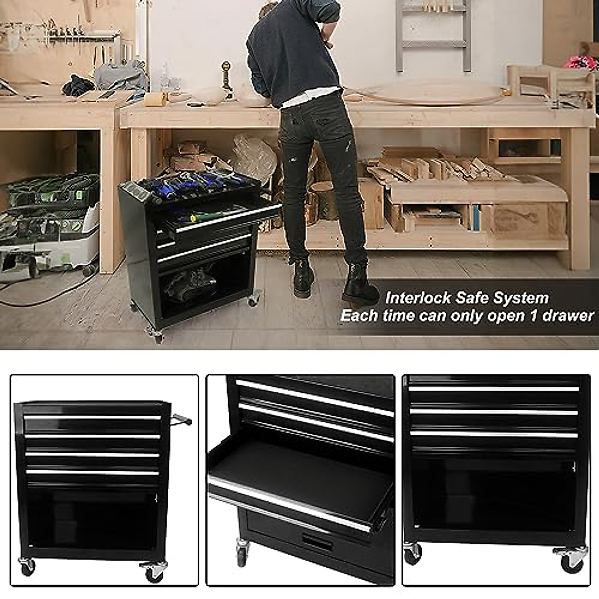 4 Drawers & 1 Chest Multifunctional Portable Tool Carts, Heavy Duty Rolling Utility Tool Cabinet, with Interlock Safety System, 4 Universal Wheels & 2 Brakes, for Mechanics/Repairs/Storage - Black