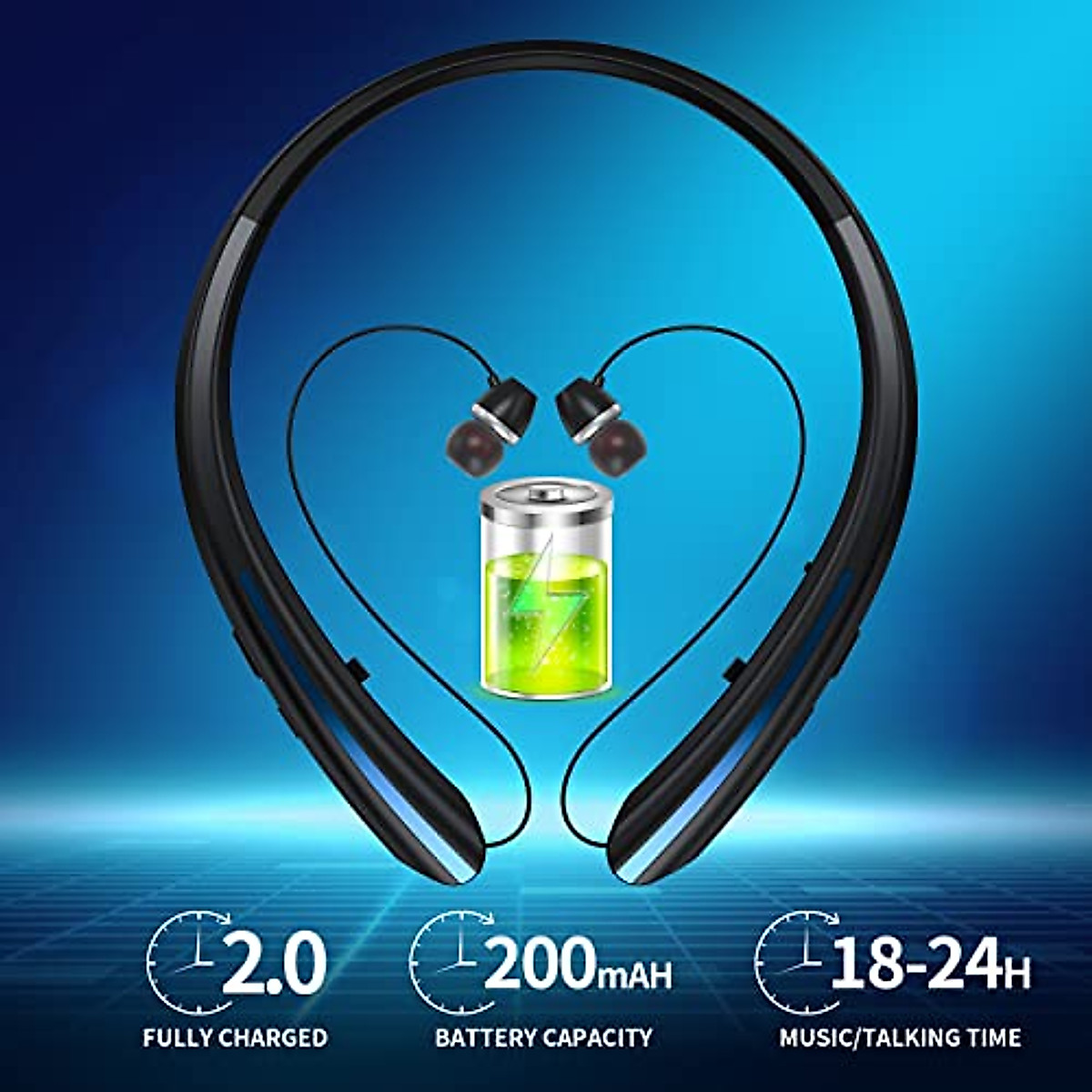 Neckband Bluetooth Headphones, IPX5 Sweatproof Retractable Earbuds Wireless Bluetooth Headset with Microphone, Vibration Call, Stereo Noise Cancelling Earphones for Workout Sports Running (Blue)