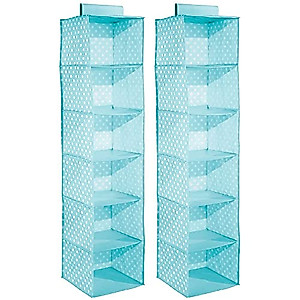 mDesign Soft Fabric Over Closet Rod Hanging Storage Organizer with 6 Shelves for Child/Kids Room or Nursery - Polka Dot Pattern - 2 Pack - Turquoise Blue with White Dots