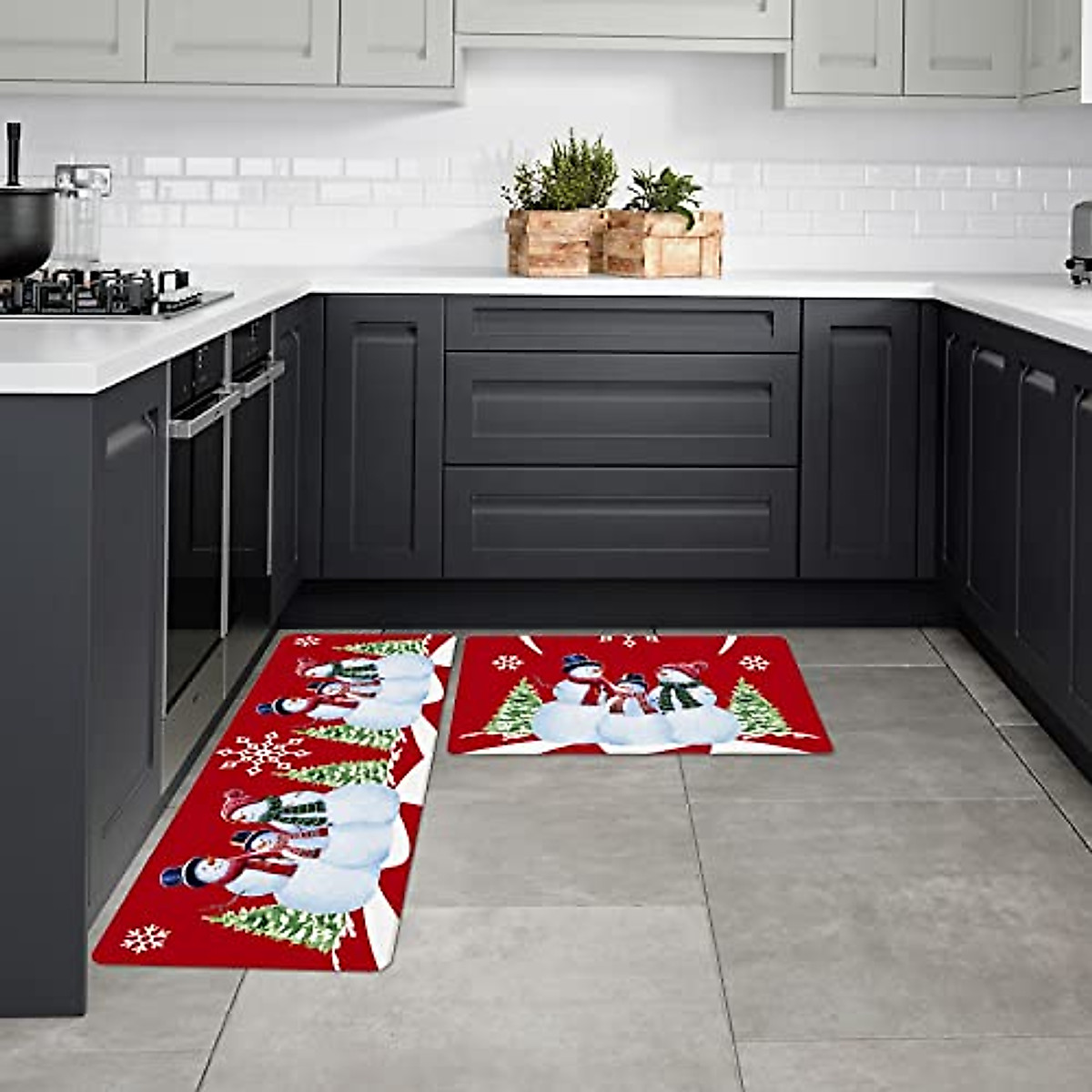 Libaoge Kitchen Mat Rug Set of 2 Christmas Snowman Xmas Tree Snowflake Red Runner Rug Anti-Fatigue Comfort Memory Foam Standing Mat Non-Slip Floor Door Mat for Bathroom Bedroom 18x30in+18x48in