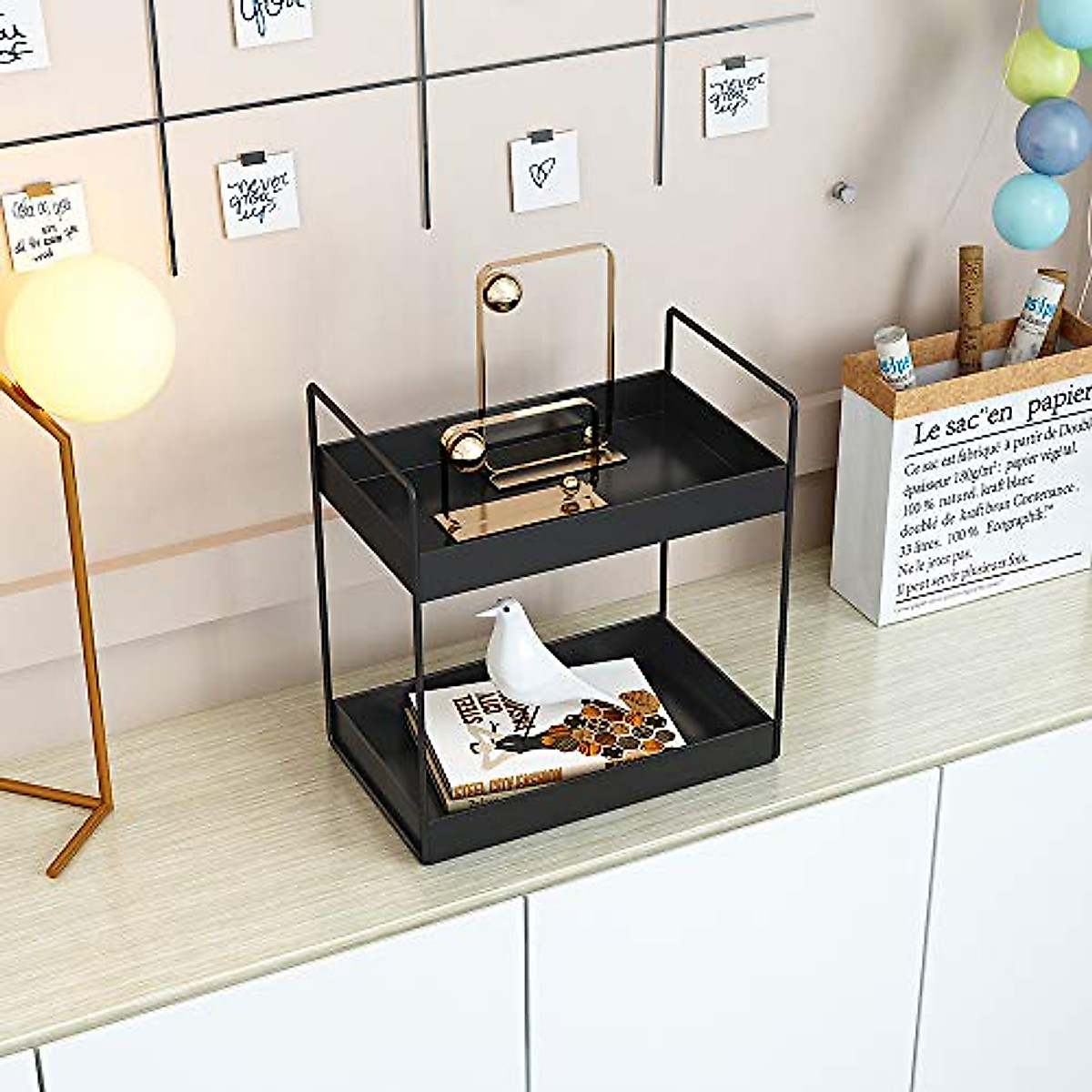 KINGBERWI 2-Tier Standing Rack, Bathroom Countertop Storage Shelf Cosmetic Organizer Holder Kitchen Spice Rack, Black