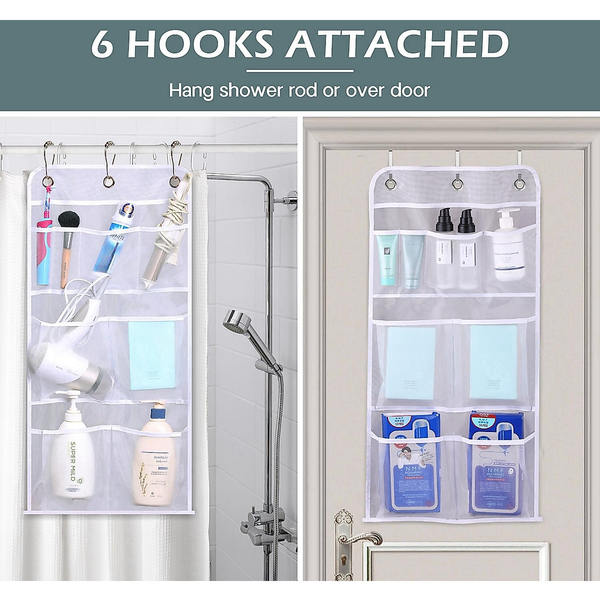 MISSLO 2 Pack Mesh Shower Caddy Hanging for Travel Quick Dry Shower Hanging Organizer Cruise RV Camper Bathroom with Over Door Hooks and Shower Curtain Hooks