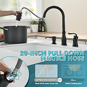 3 Hole Kitchen Faucet with Pull Down Sprayer, APPASO Kitchen Faucet with Soap Dispenser, 3 Pieces Kitchen Faucet with Separate Handle, Matte Black Kitchen Faucet 3 Hole, 218MB