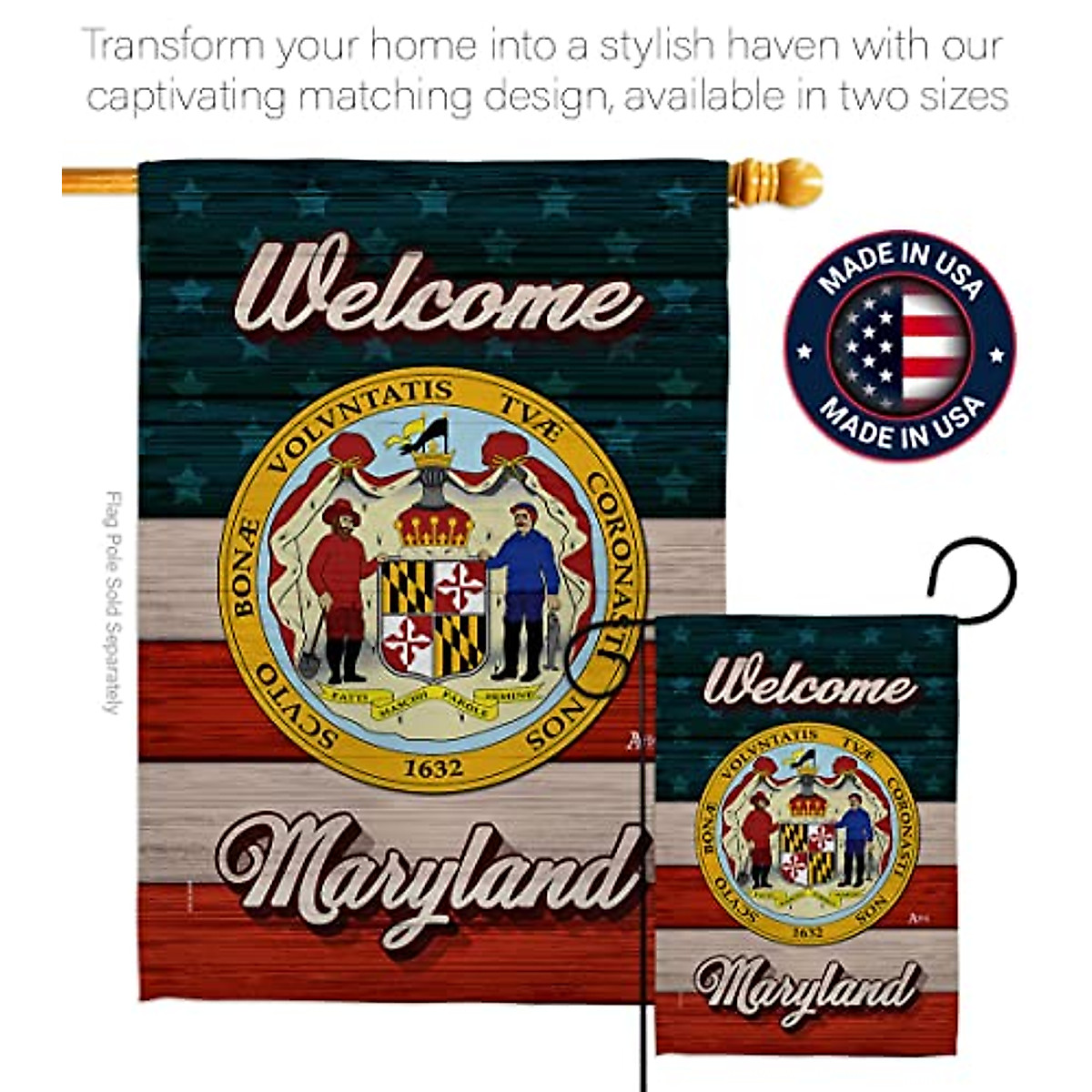 Welcome Maryland Garden Flag - Set Wood Dowel Americana States USA American Territories Republic Country Particular Area - House Decoration Banner Small Yard Gift Double-Sided Made in 13 X 18.5