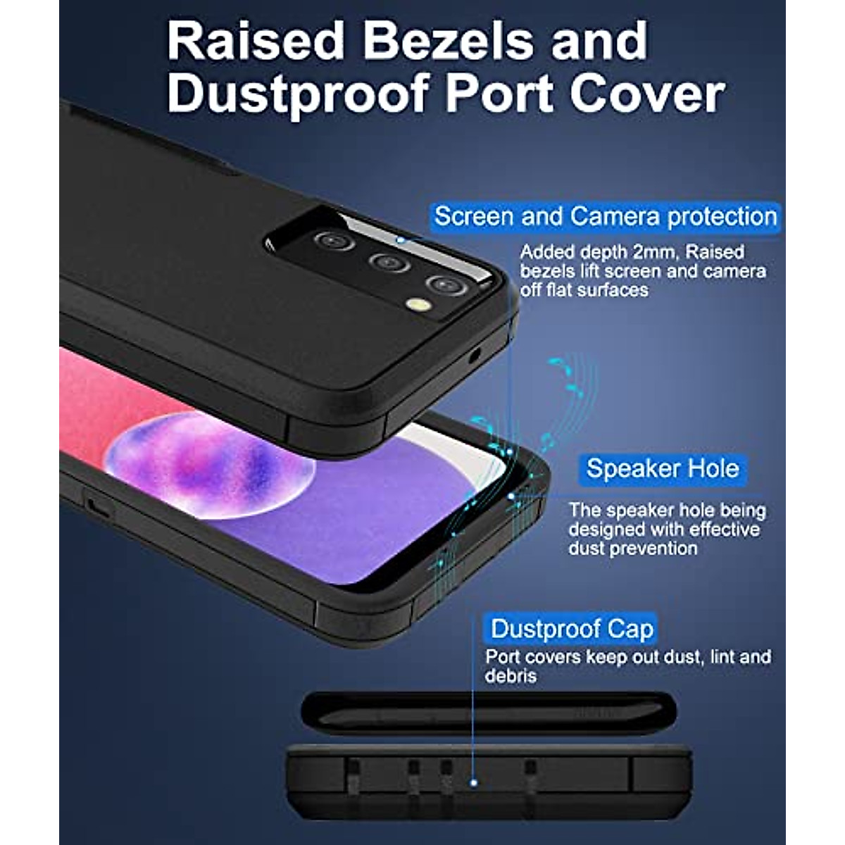 Dahkoiz for Samsung Galaxy A03S Case, with Tempered Glass Screen Protector, Dust Proof Port Cover, Full Body Protection Rubber Cover Phone Case for Samsung Galaxy A03S/A02S, Black/Black