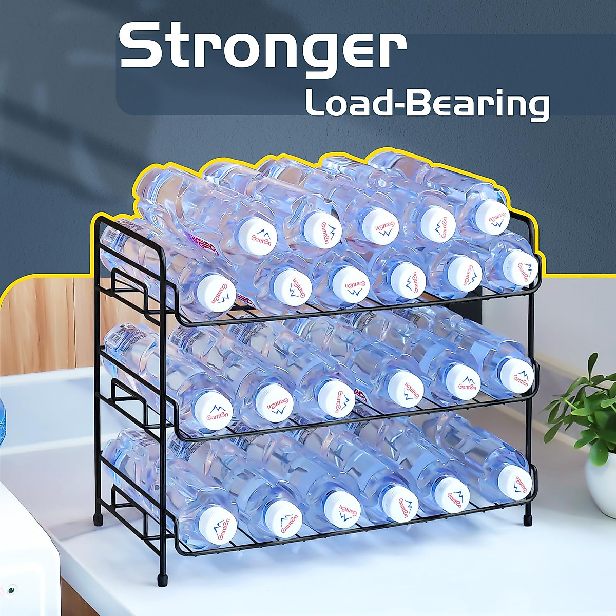 Mefirt Water Bottle Organizer, 3-Tier Water Bottle Holder for Cabinet, Stackable Water Bottle Storage Rack, Soda, Can, Water Bottle Organizer for Cabinet, Kitchen Countertops, Pantry, Fridge (Black)